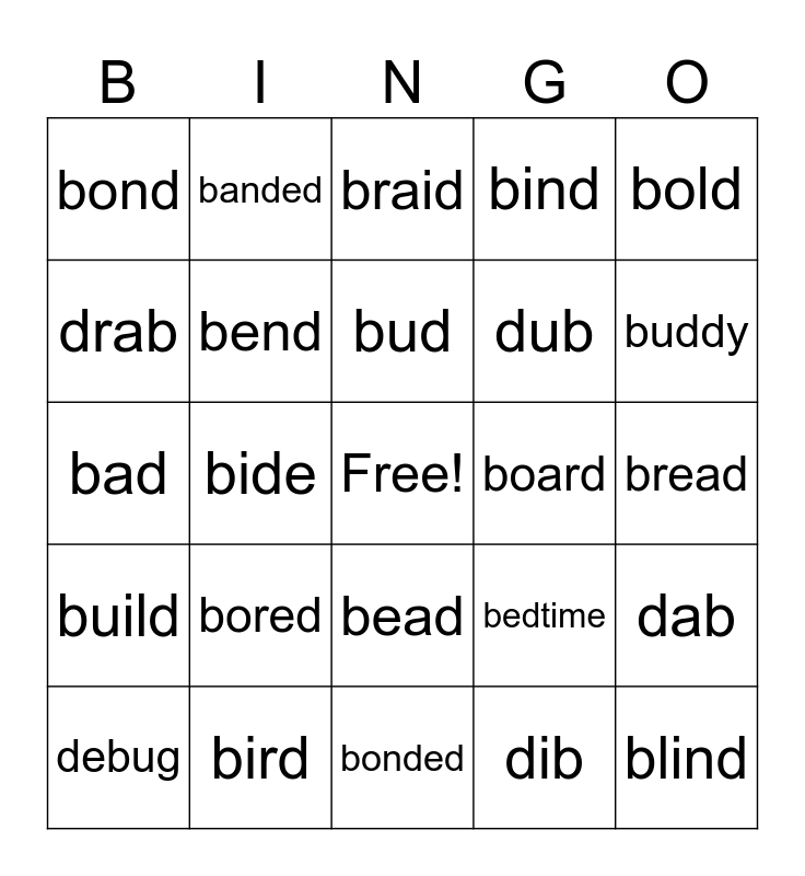 words with lower case b & d Bingo Card