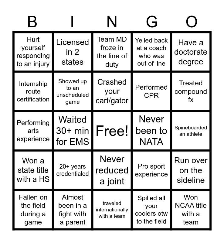 Athletic Training Bingo Card