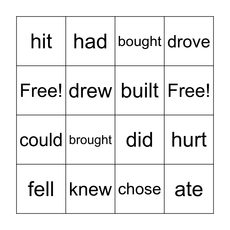 PAST TENSE - IRREGULAR VERB Bingo Card