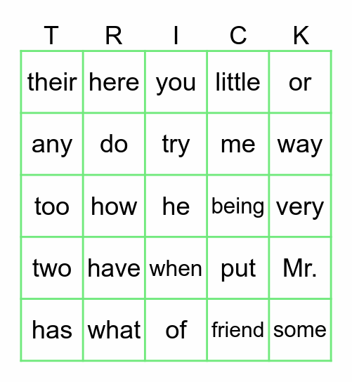 Trick Word Bingo Card