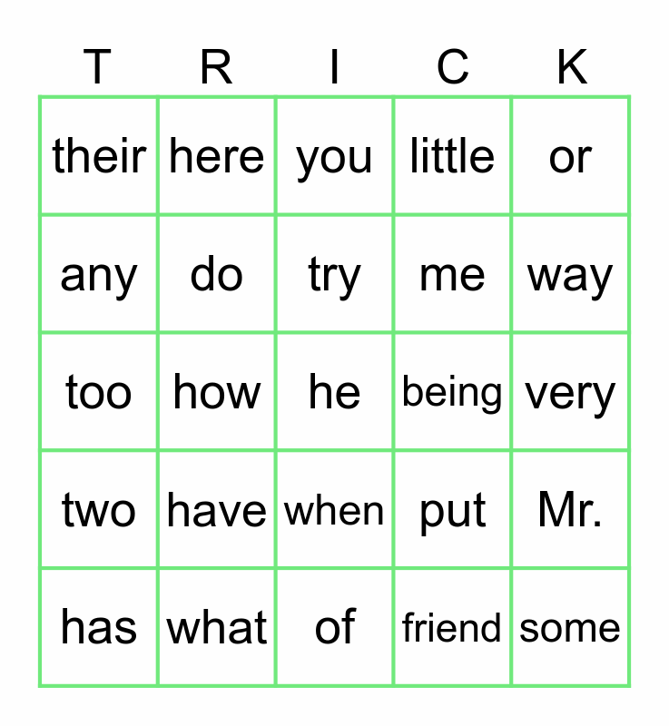 Trick Word Bingo Card