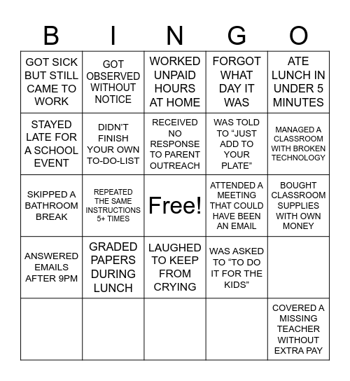 TEACHER BURN-OUT BINGO Card