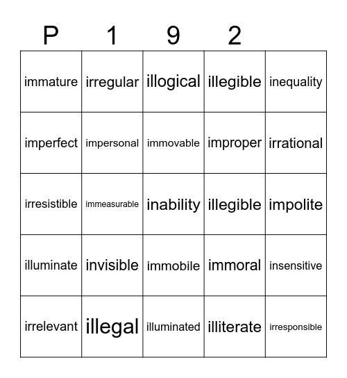 P Bingo Card