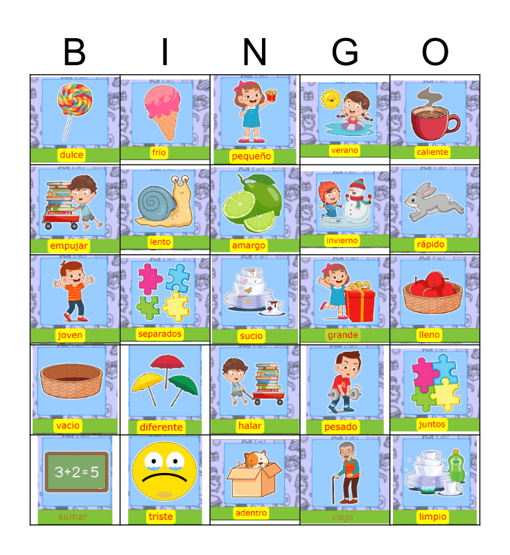 Los opuestos Bingo Card