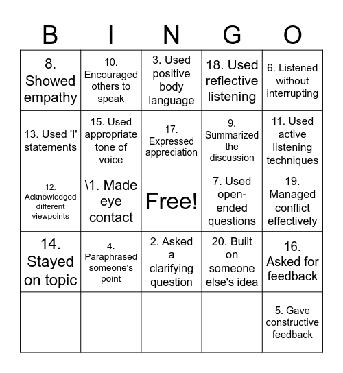 Communication Bingo Card