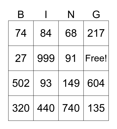Numbers Bingo Card