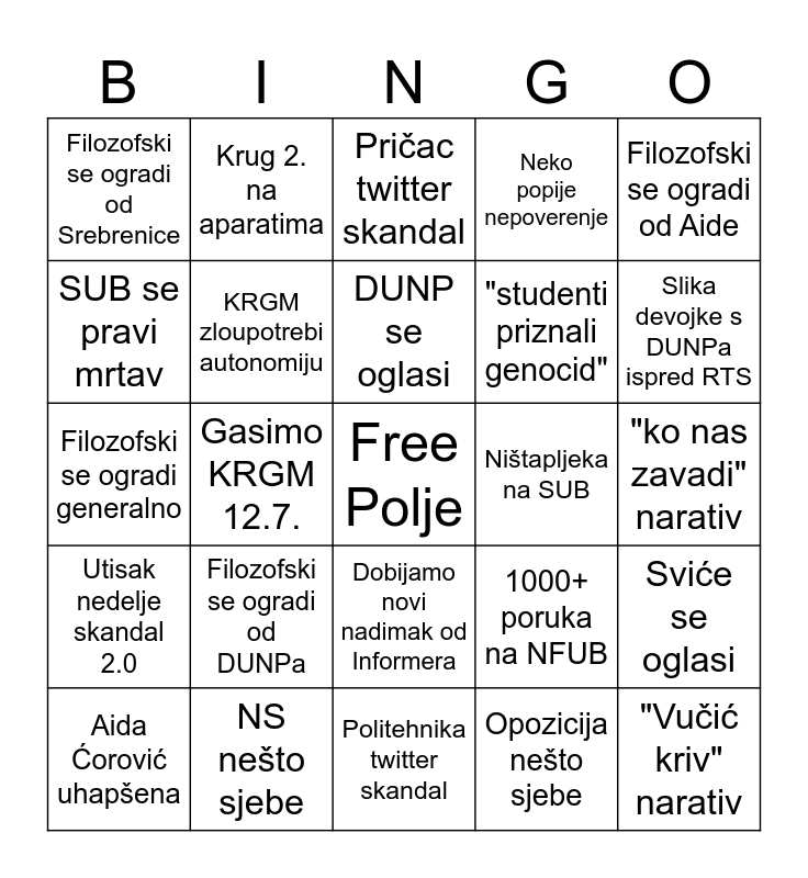 Godišnjica Srebrenice 11.7. Bingo Card