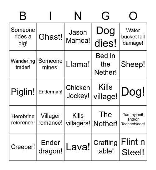 Minecraft Bingo! Bingo Card