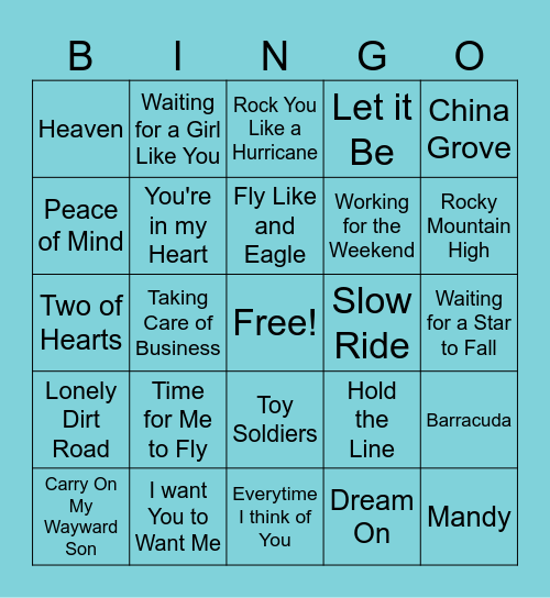 Rock N' Roll Bingo! Bingo Card