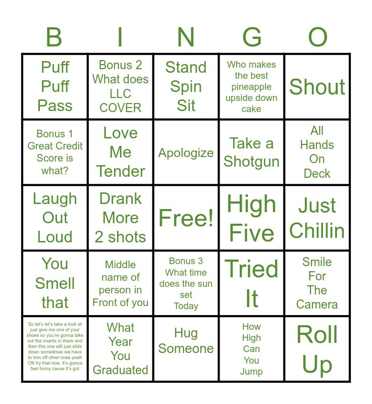 Legal, Lifted Bingo Card