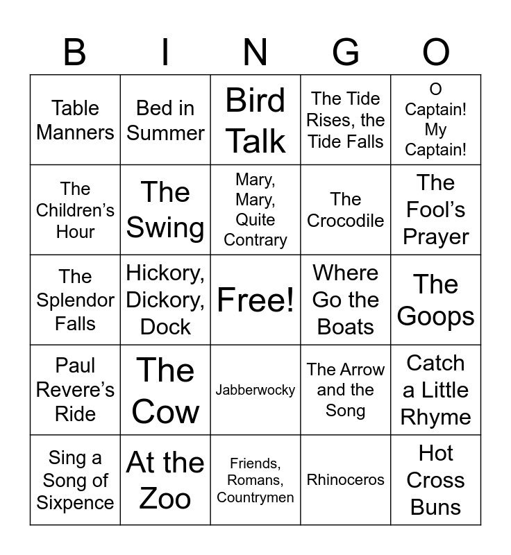 Poetry Bingo! Bingo Card
