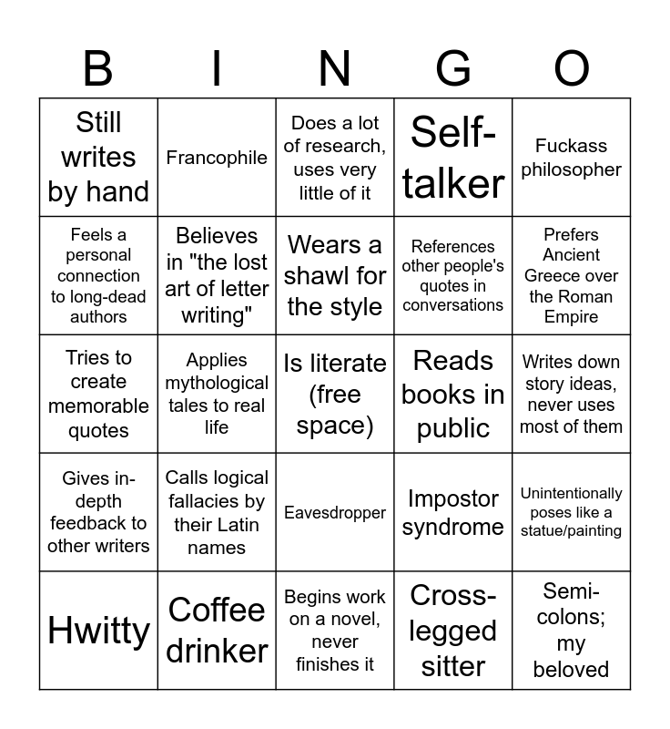 Writer Personality Bingo Card