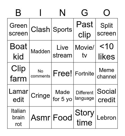 YT shorts Bingo Card