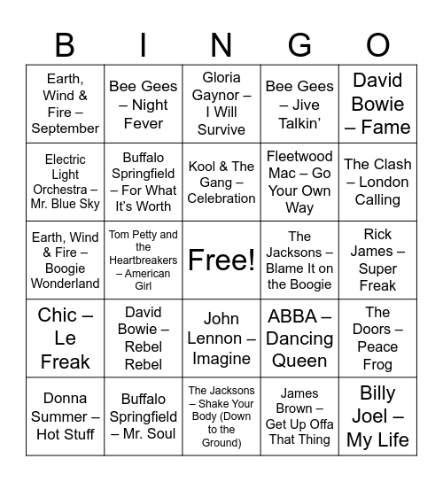70's Music Bingo Card