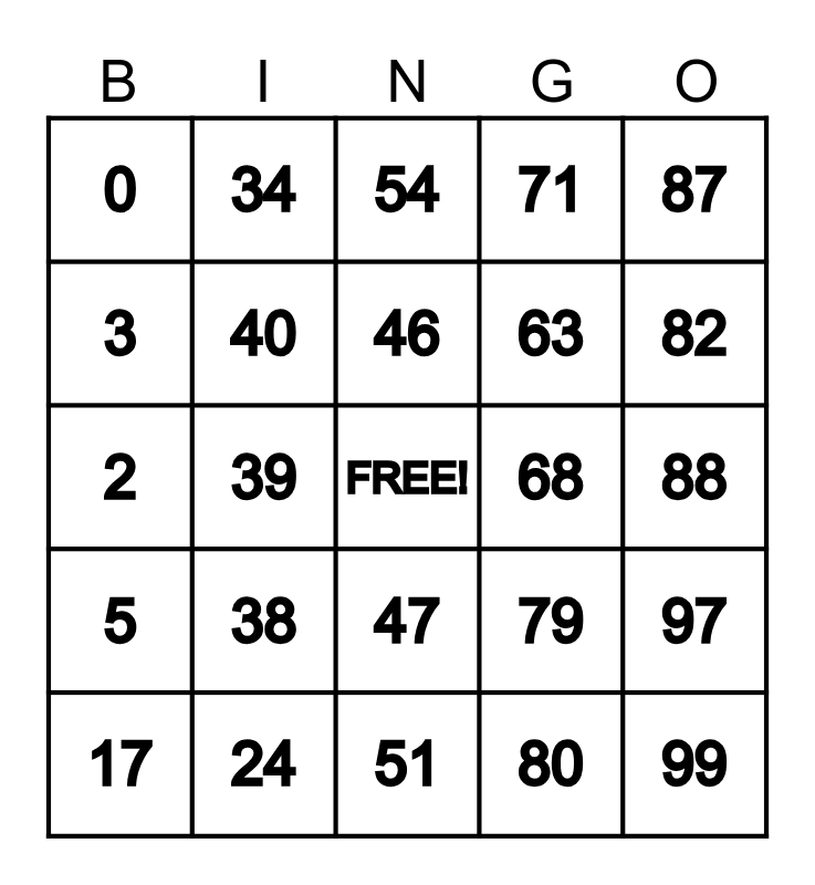 0-100 Number Bingo! Bingo Card