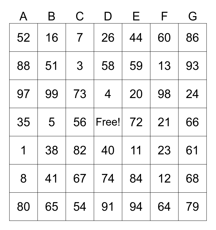 Number Bingo 1-99 in A-G and 7x7 Sized Bingo Card