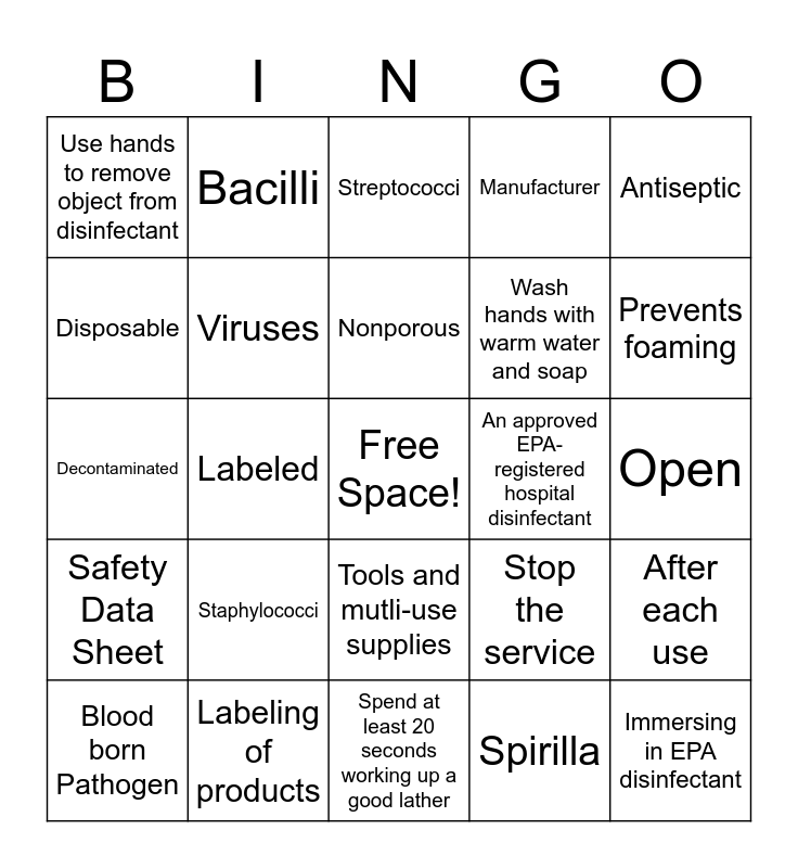 Infection Control and Sanitation Bingo Card