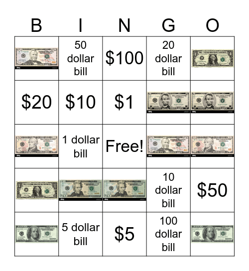 Money Bingo (Bills) Bingo Card