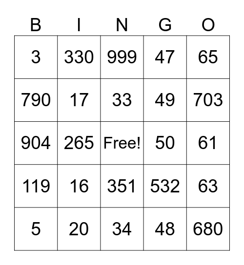 Number Bingo 1-999 Bingo Card