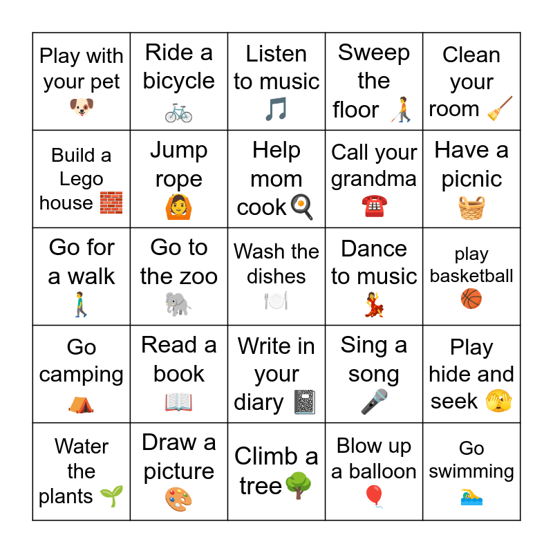 Screen-Free Challenge Bingo Card