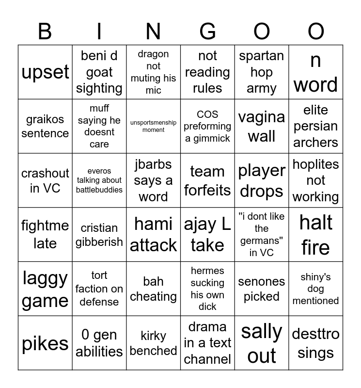 War Table S6 Bingo Card