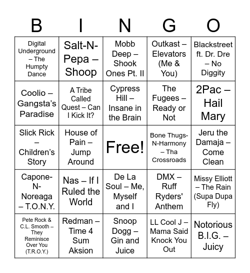 City Nail Bar's 90s Hip-Hop Bingo Night Bingo Card