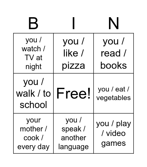 Present Simple Bingo Card