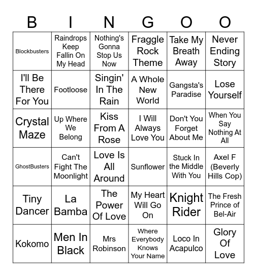 2025 - Songs from Film & TV Bingo Card