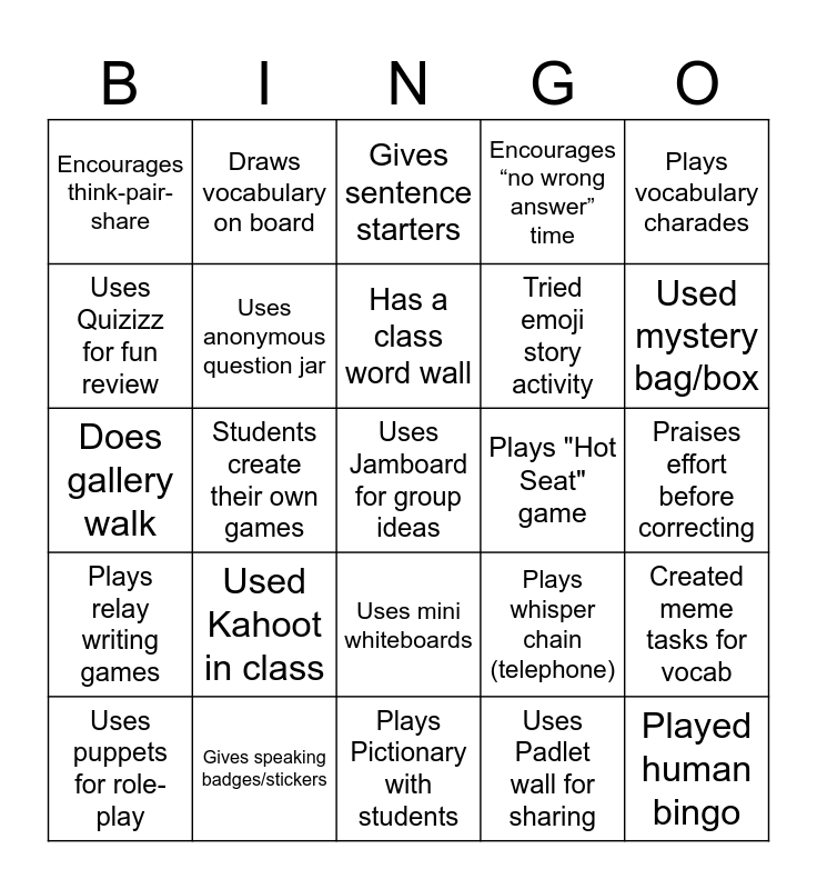 Engagement Bingo for ELT Workshop Bingo Card