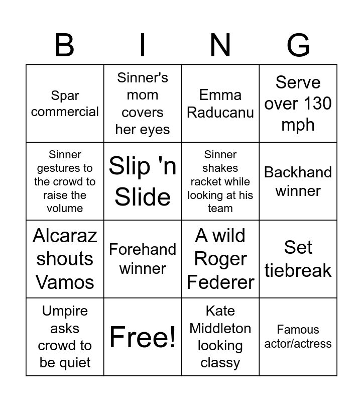 Wimbledon Final Bingo Card