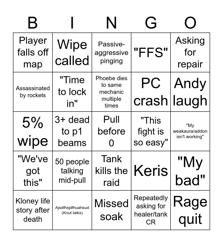 World Of Warcraft Raid Bingo Card