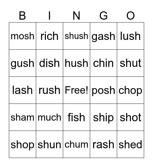 digraphs sh/ch Bingo Card