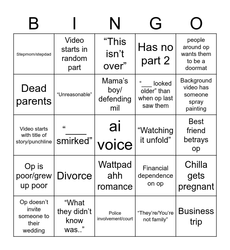 Reddit stories bingo Card