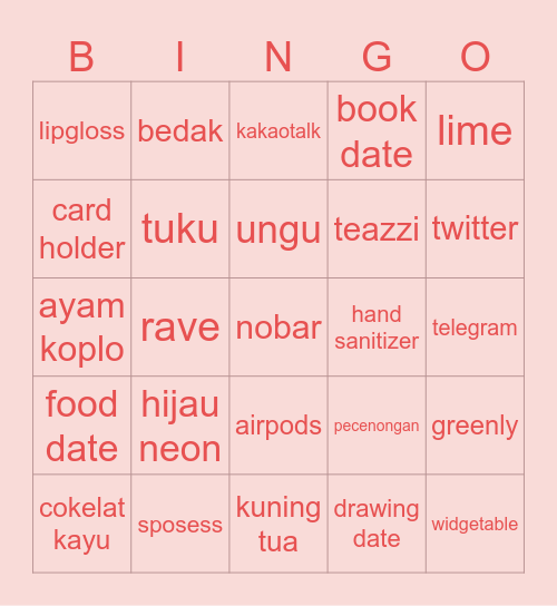 blushie Bingo Card