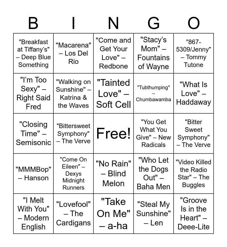 One Hit Wonders Bingo Card