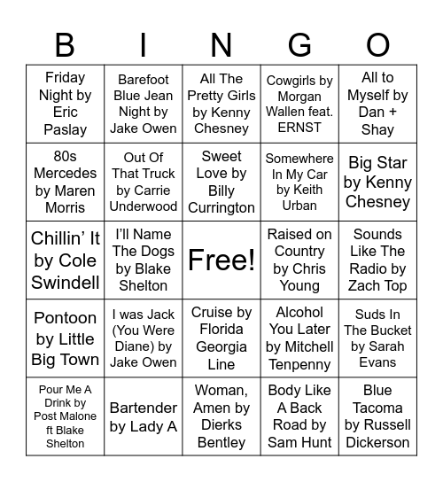 Country Music Bingo Card
