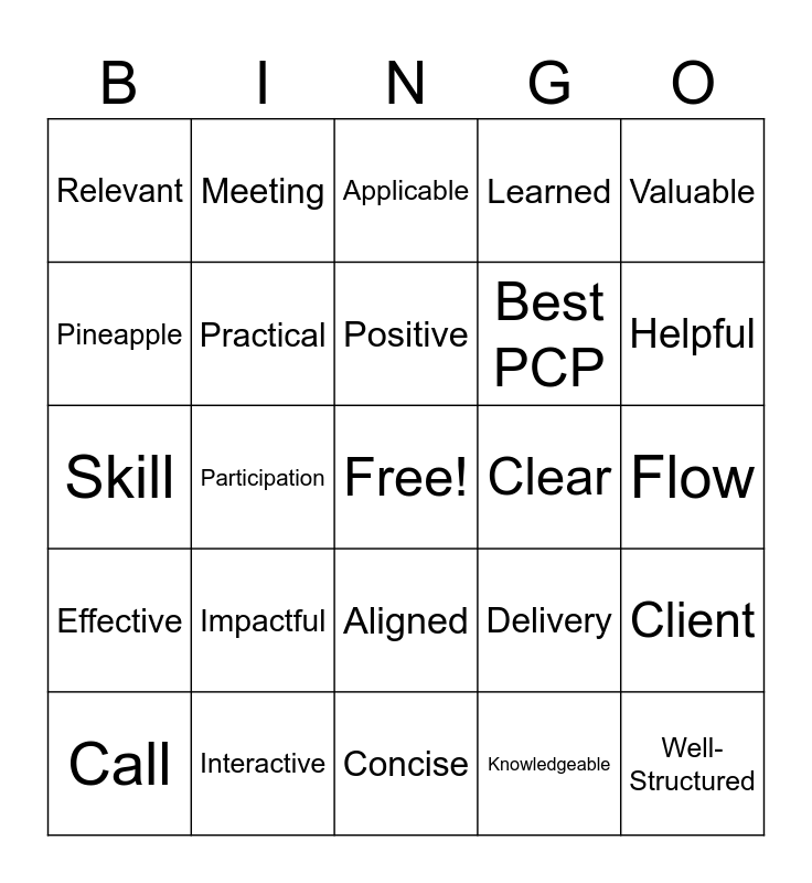 Training Bingo Card