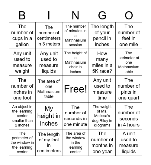 Measurement & Conversion BINGO Card