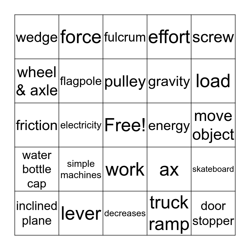 Simple Machines Bingo Card