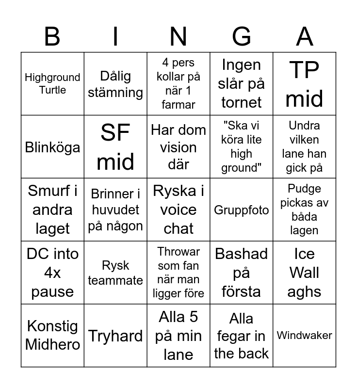 Dota 2 BINGA Bingo Card