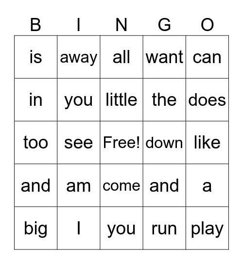 Sight Words Bingo Card