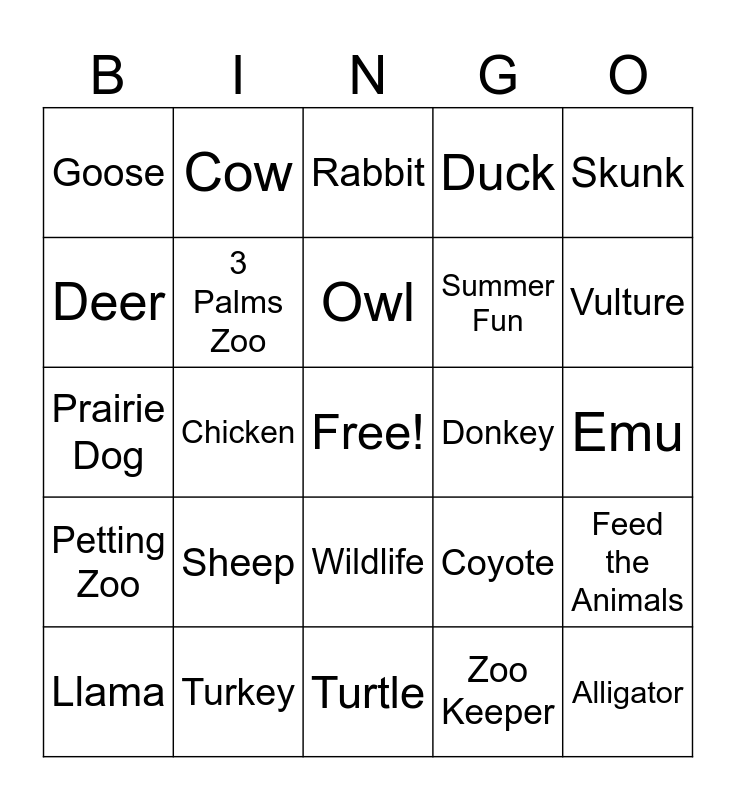 Zoo Field Trip Bingo Card