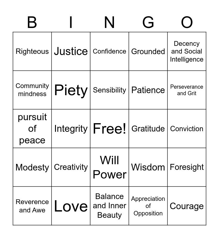 Jewish Values Bingo Card