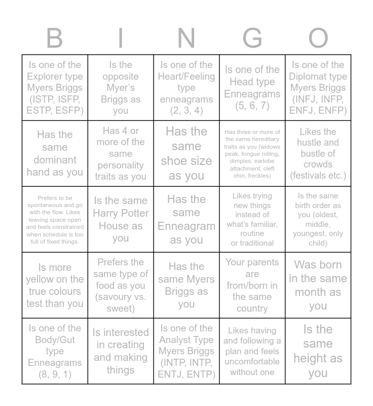 Personality Type Bingo Card