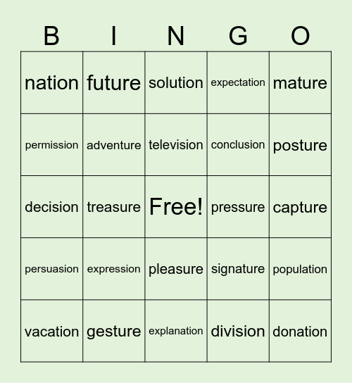 Suffix -tion, -sion, -ture, -sure Bingo Card