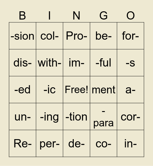 Prefixes and Suffixes Bingo Card