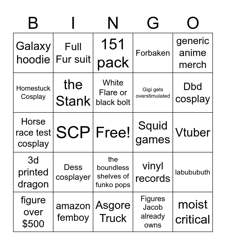Comic con bingo Card