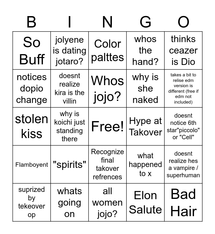 Jojo Reaction Bingo Card