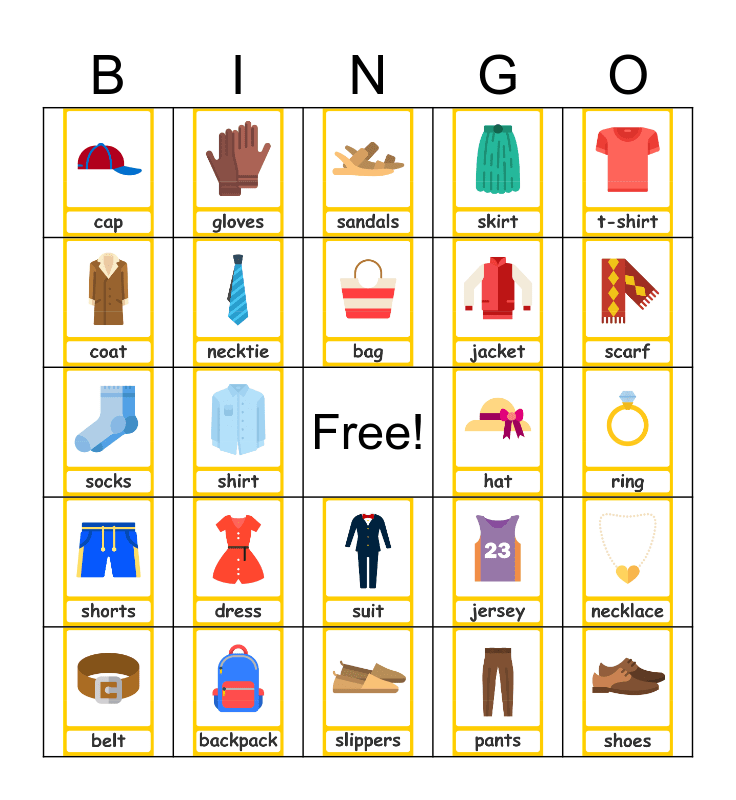 CLOTHING Bingo Card