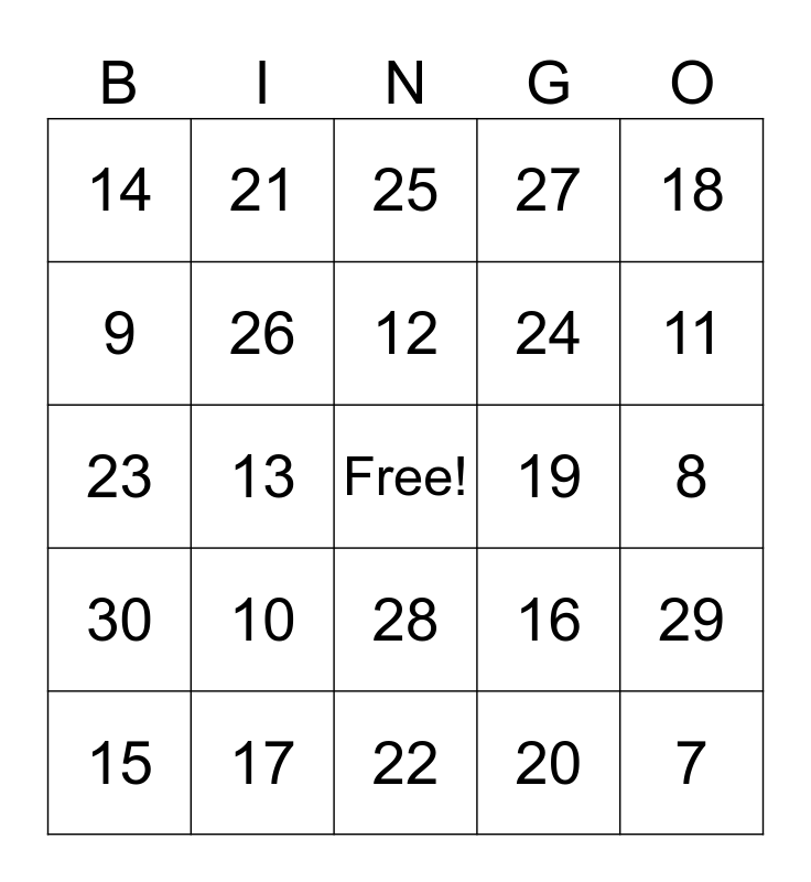 Fact Fluency Bingo Card
